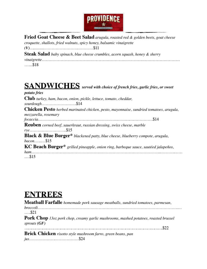 Providence New American Kitchen | Menus